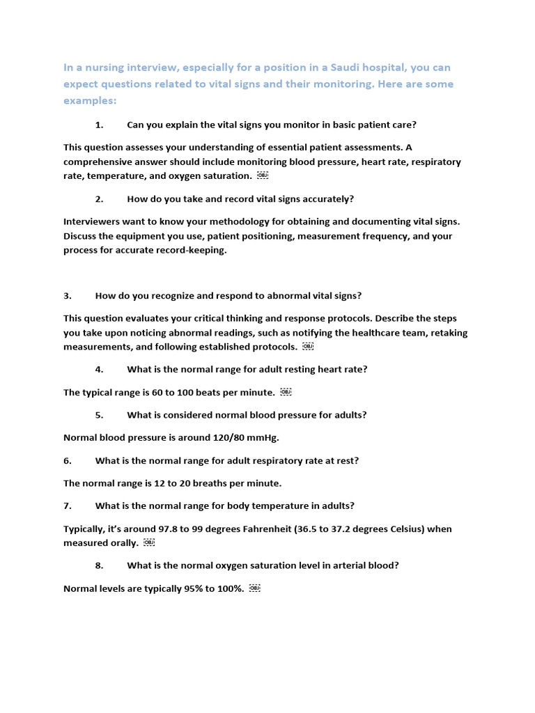 Nursing Interview Prep for Saudi Arabia | PDF | Blood Pressure | Health ...