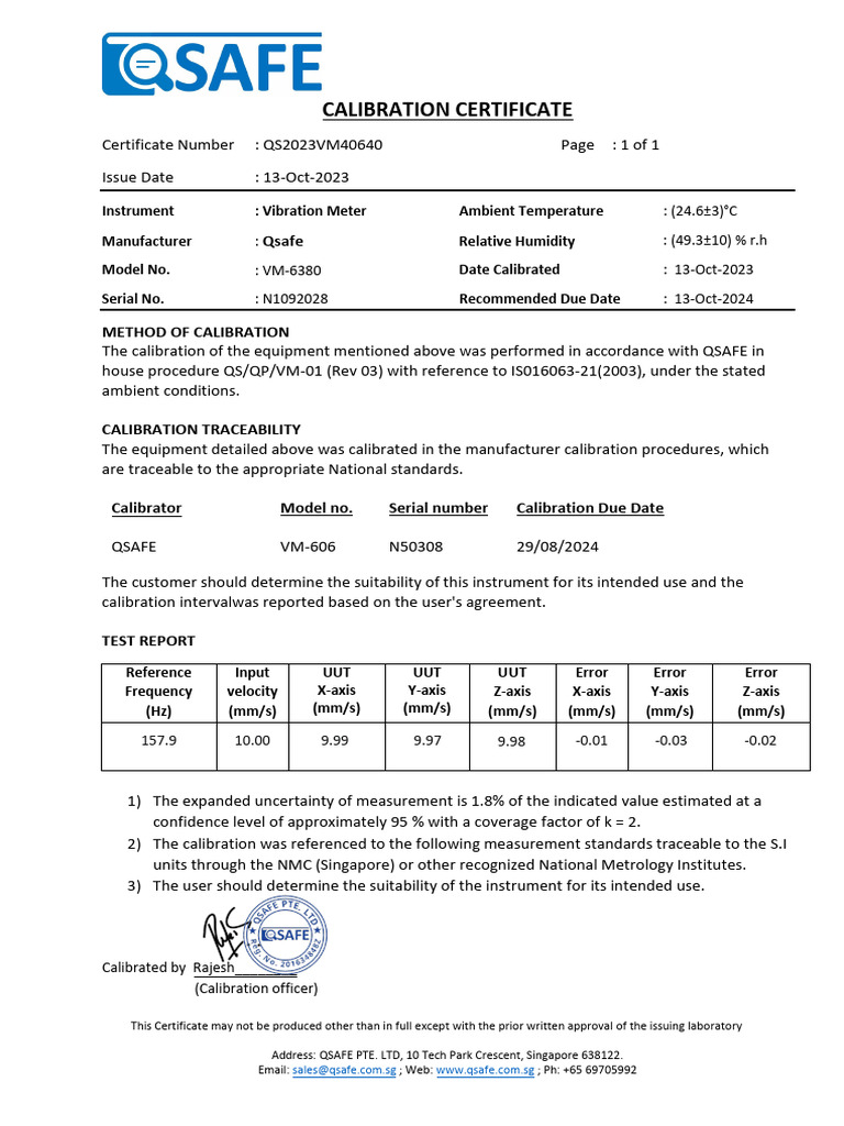 Vibration Meter Calibration Certificate | PDF | Calibration | Metrology
