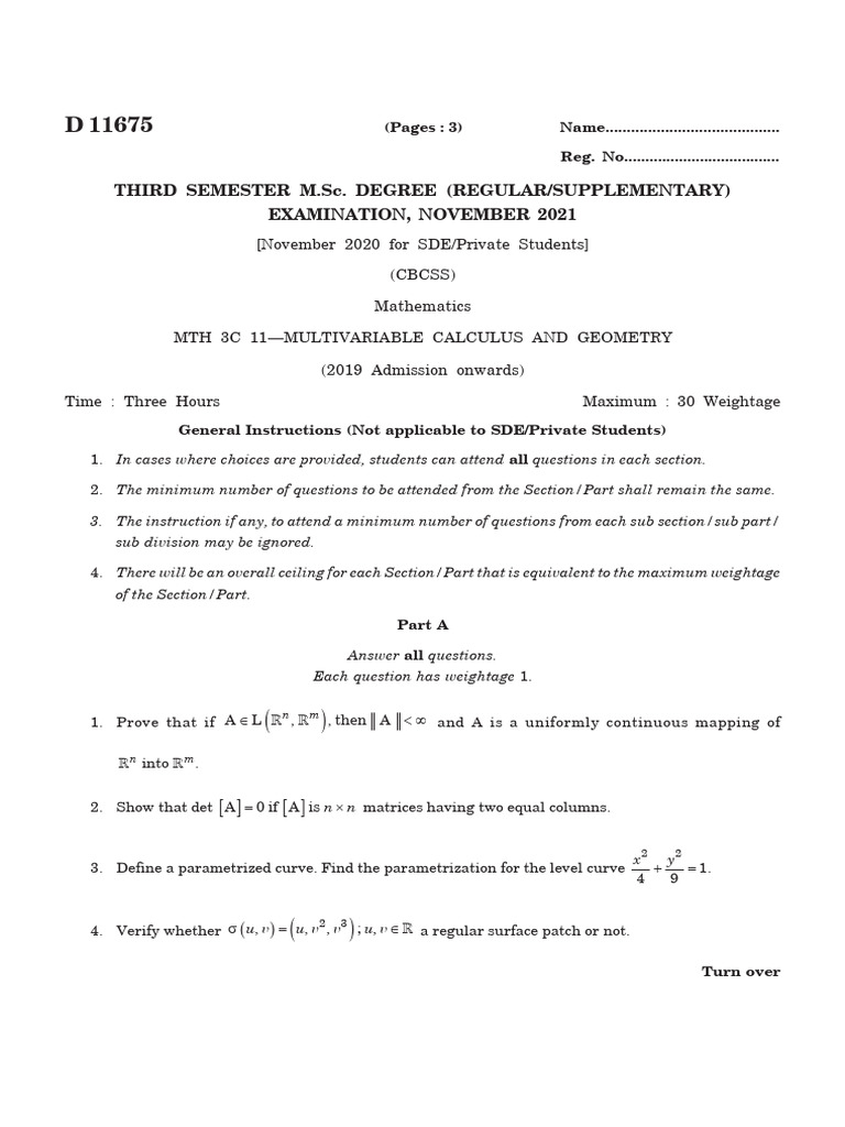 2021 MTH 3C 11 Multivariable Calculus and Geometry | PDF | Curvature ...