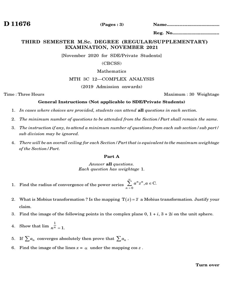 2021 MTH 3C 12 COPLEX ANALYSIS | PDF | Calculus | Functions And Mappings