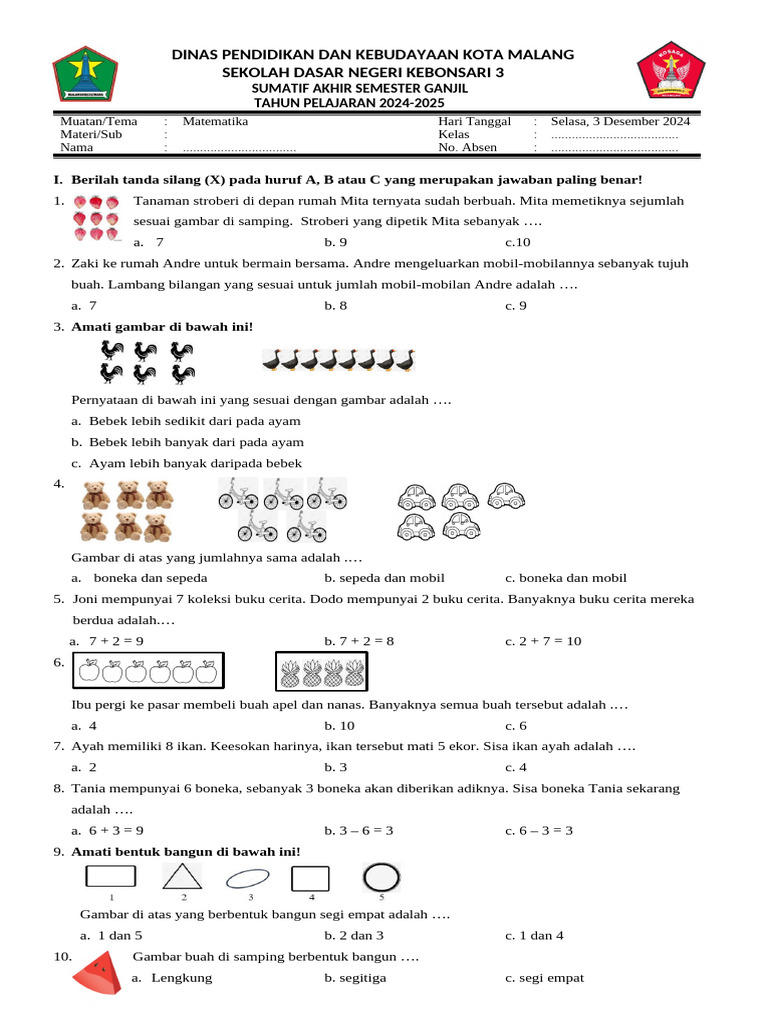 Soal - Sas 1 - Matematika - 2024-2025 | PDF