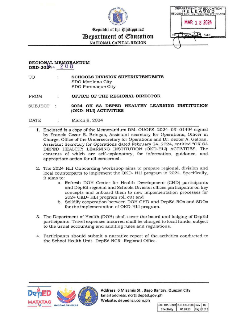 RM No. 208 s.2024 2024 OK Sa DepEd Healthy Learning Institution OKD HLI ...