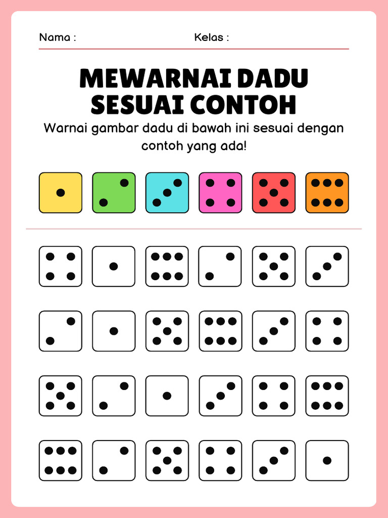 Mewarnai Dadu Sesuai Contoh Lembar Kerja Merah Muda Minimalis | PDF