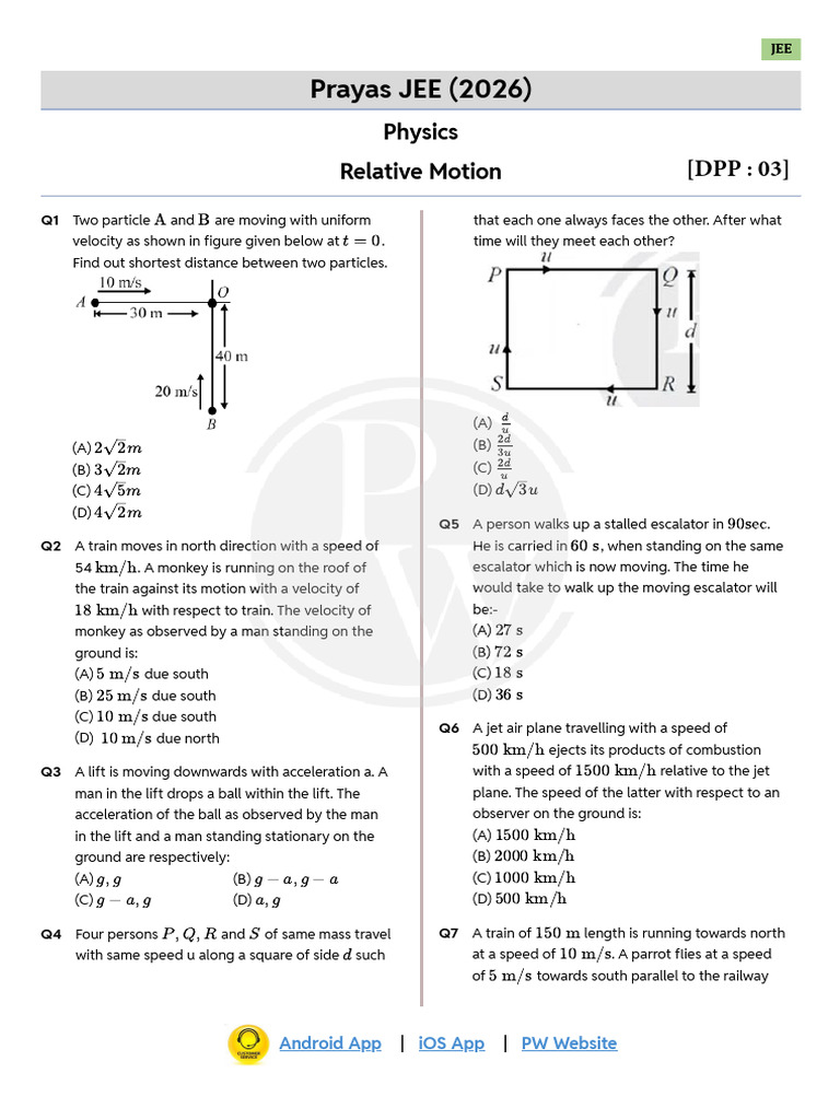 Relative Motion - DPP 03 (Of Lec 04) | PDF | Speed | Physics