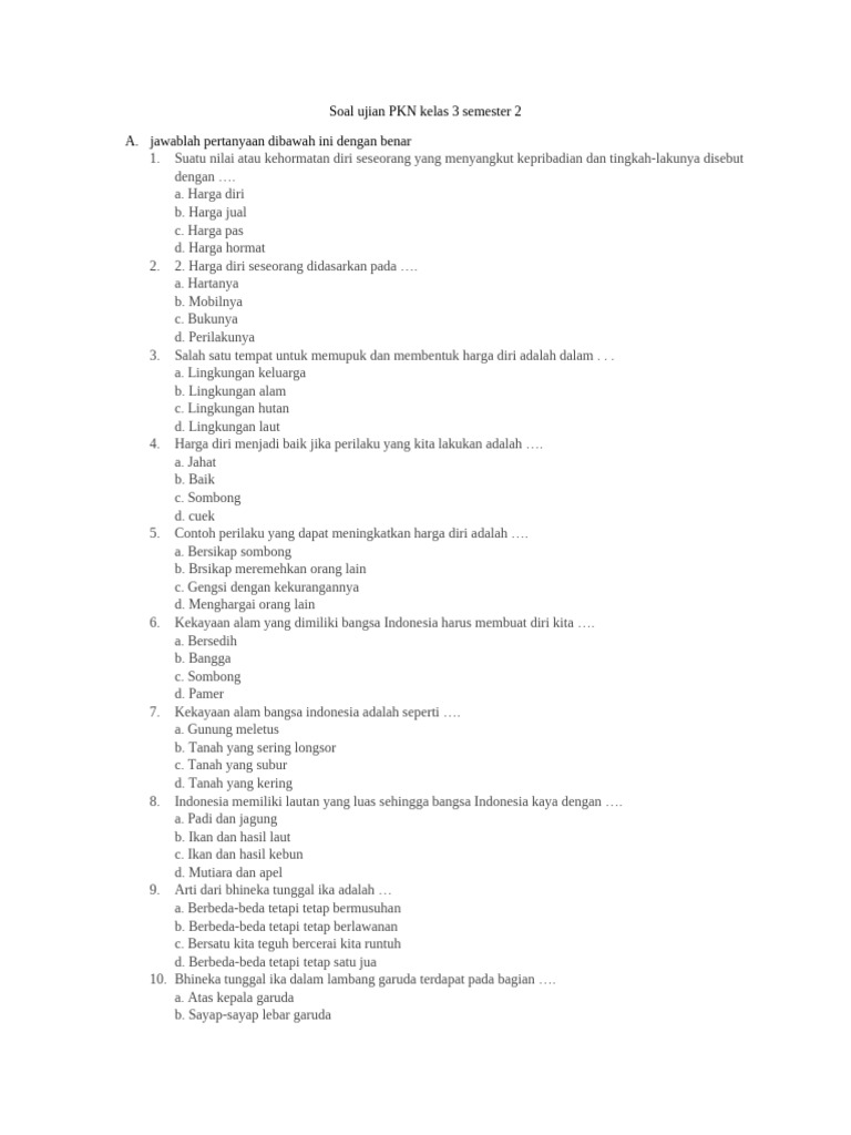 Soal ujian PKN kelas 3 semester 2 | PDF