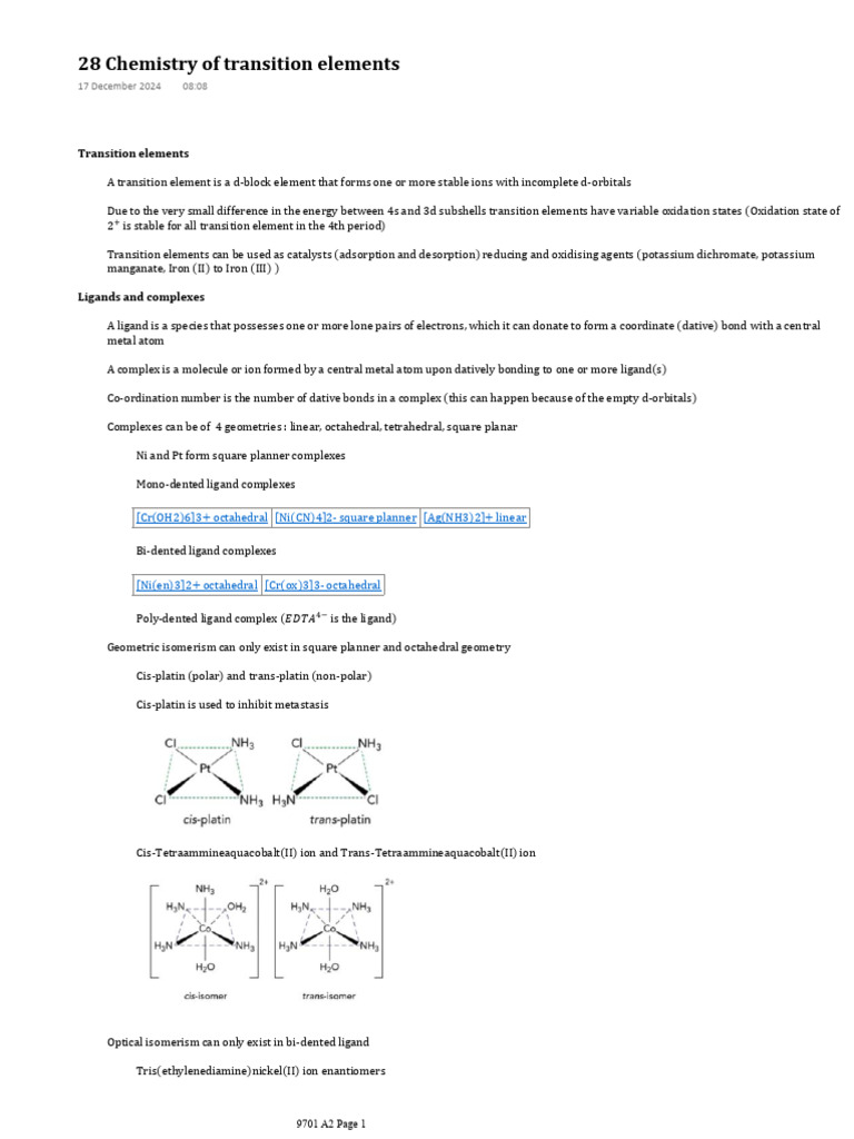 28 Chemistry of Transition Elements | PDF