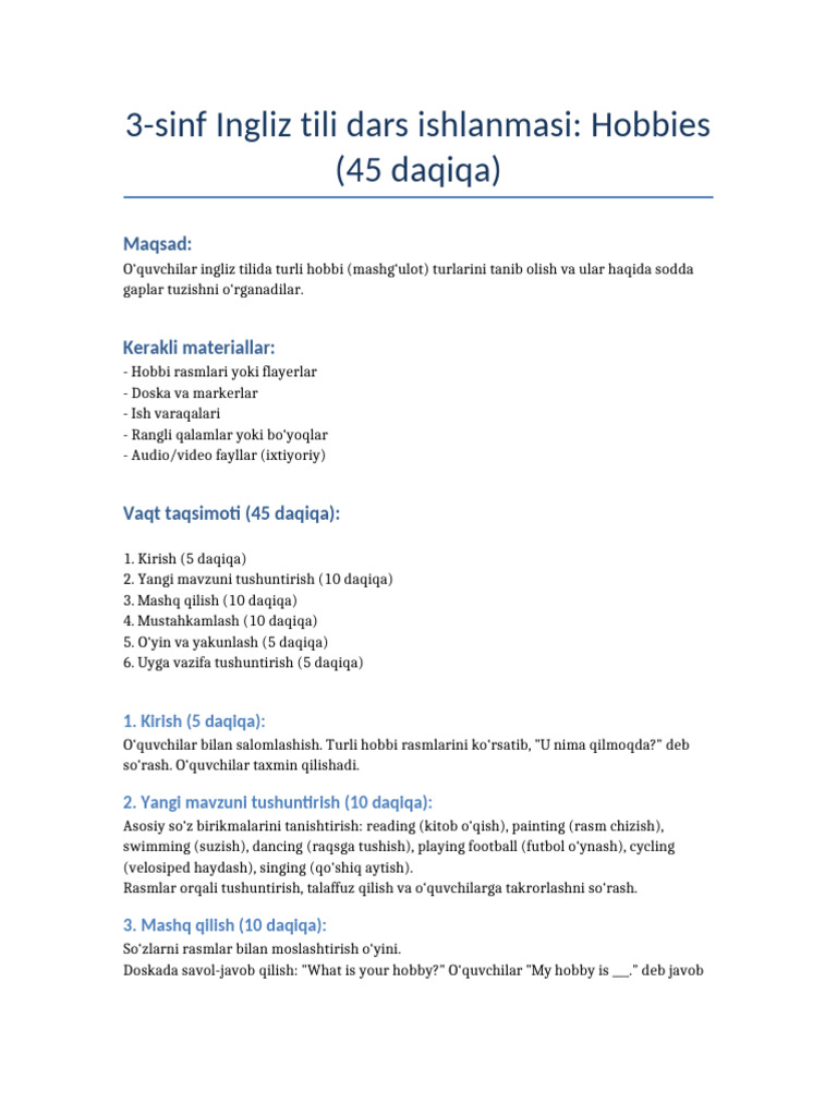 3 Sinf Hobbies Dars Reja 45daq | PDF