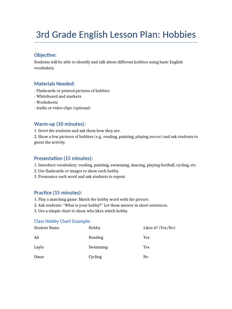 3rd Grade Lesson Plan Hobbies | PDF