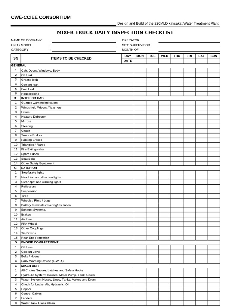 Daily Mixer Truck Checklist | PDF | Truck | Leak