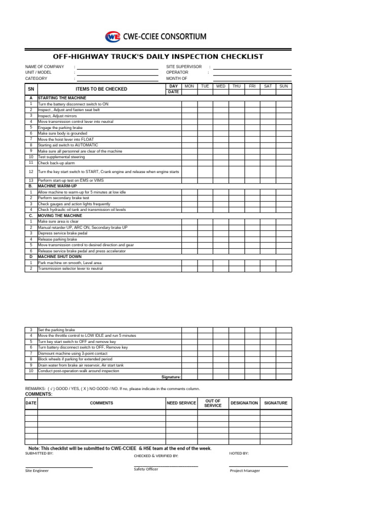 Off-Highway Truck Inspection Checklist | PDF | Vehicles | Vehicle ...