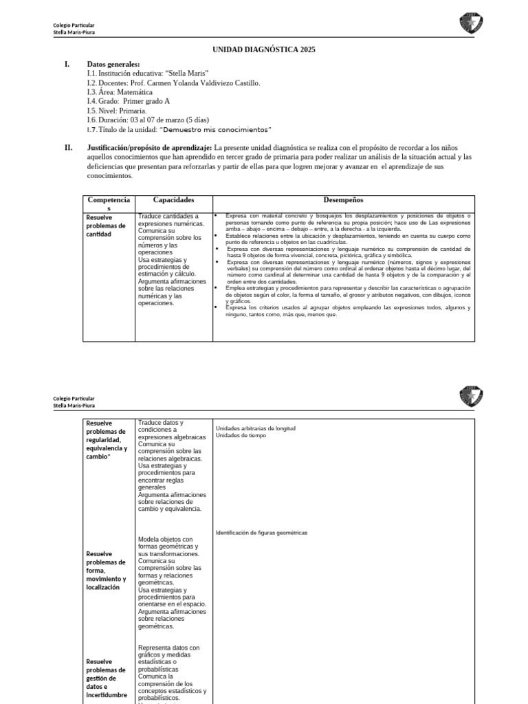 Unidad Diagnóstica Primer Grado Matemática | PDF | Geometría | Datos