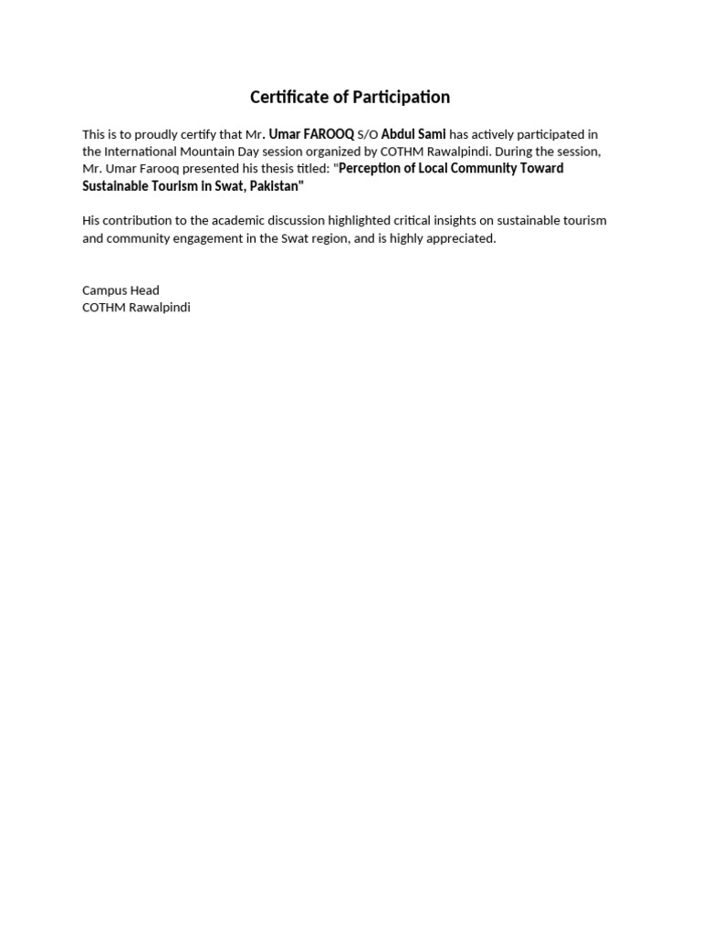 Certificate of Participation in Sustainable Tourism | PDF