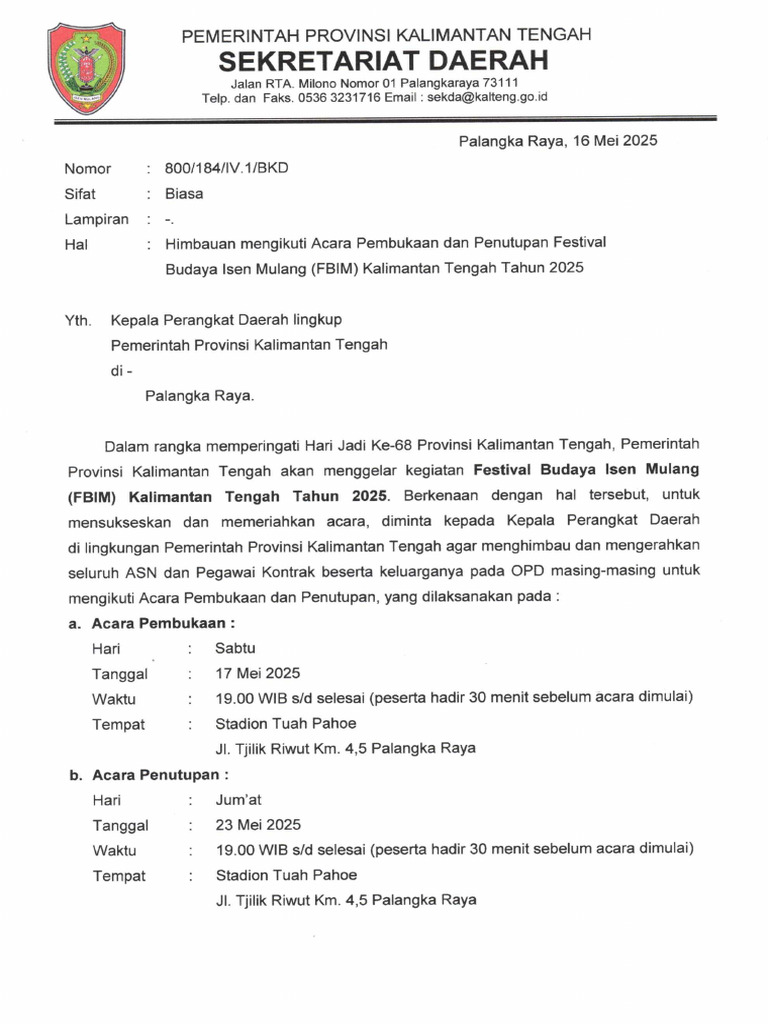 SURAT Plt. SEKDA HIMBAUAN MENGIKUTI ACARA PEMBUKAAN DAN PENUTUPAN FBIM 2025 | PDF