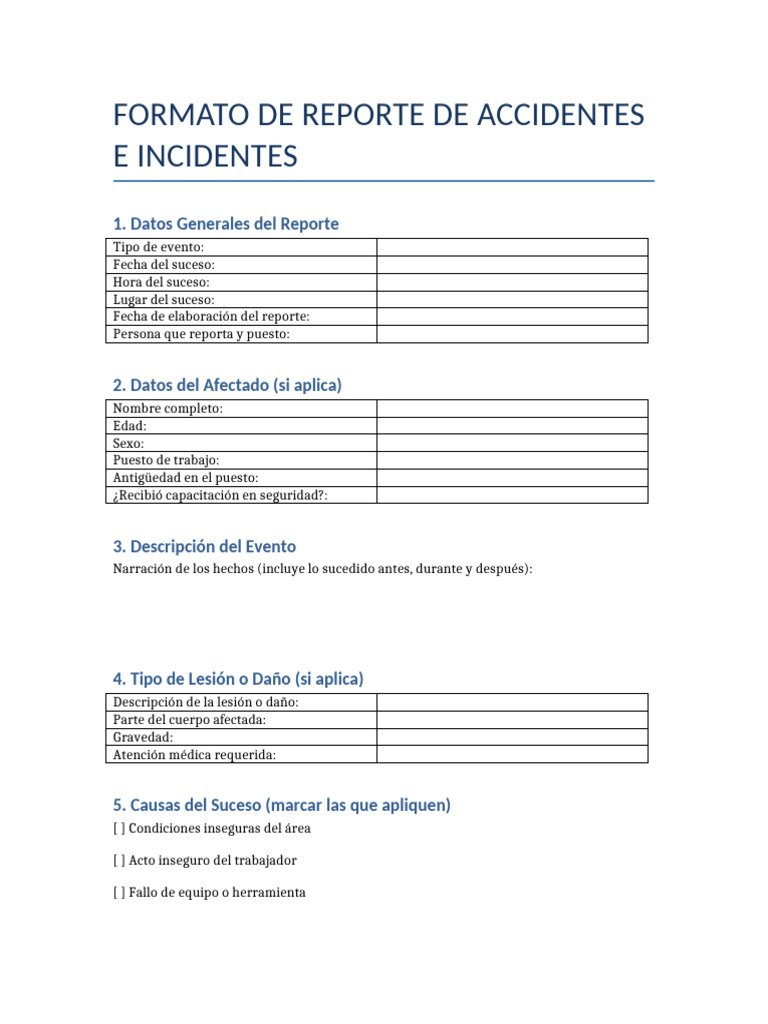 Formato de Reporte de Accidentes Laborales | PDF