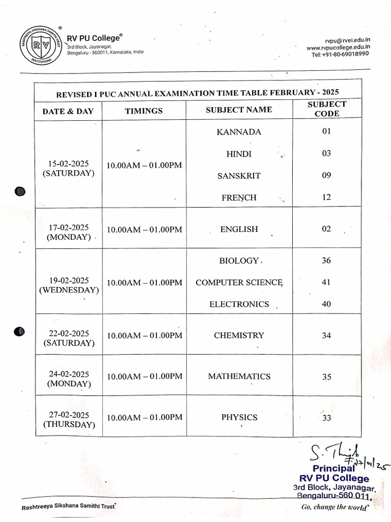 Revised I PUC Annual Exam Time Table Feb 2025 | PDF