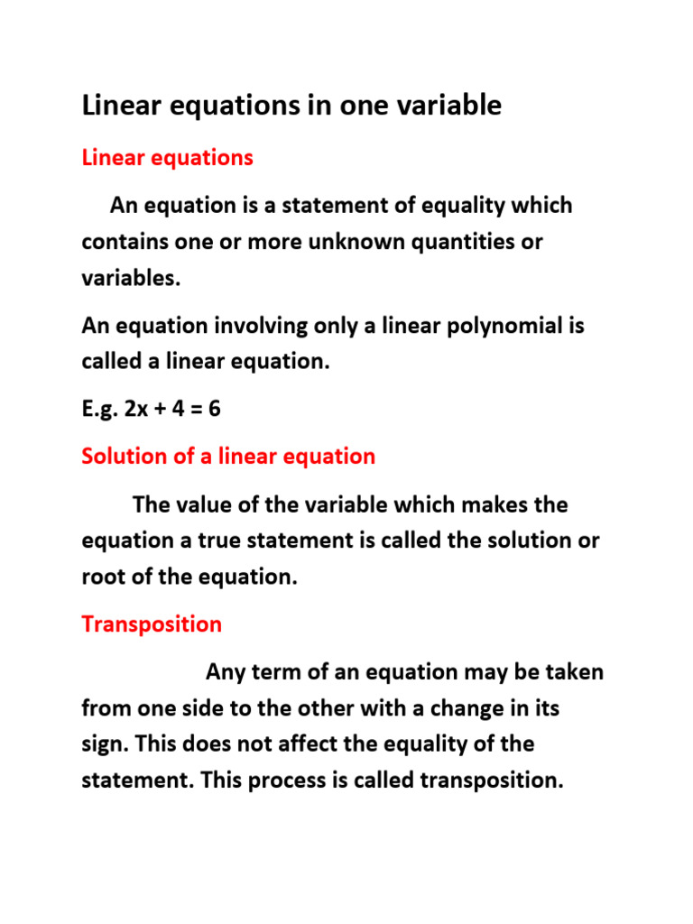 Linear Equations in One Variable Class 7 | PDF