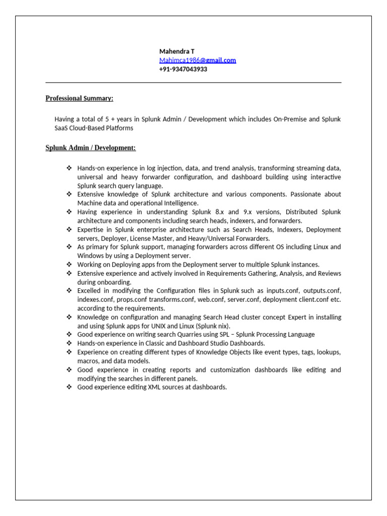 Mahendra - Splunk Resume | PDF | Cloud Computing | Server (Computing)