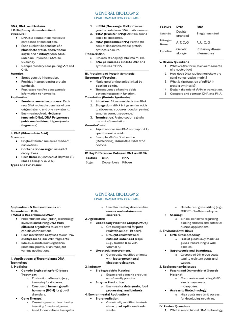 General Biology 2 Final Examination | PDF | Rna | Messenger Rna