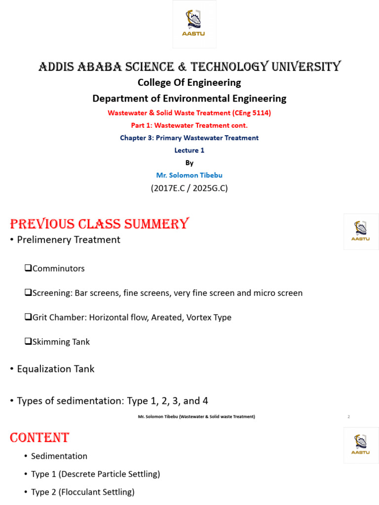 Chapter 3 Lecture 1 Wastewater & Solidwaste Treatment | PDF | Sewage Treatment | Water Treatment