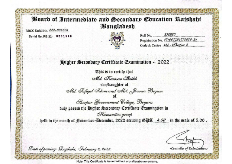 HSC Certificate | PDF