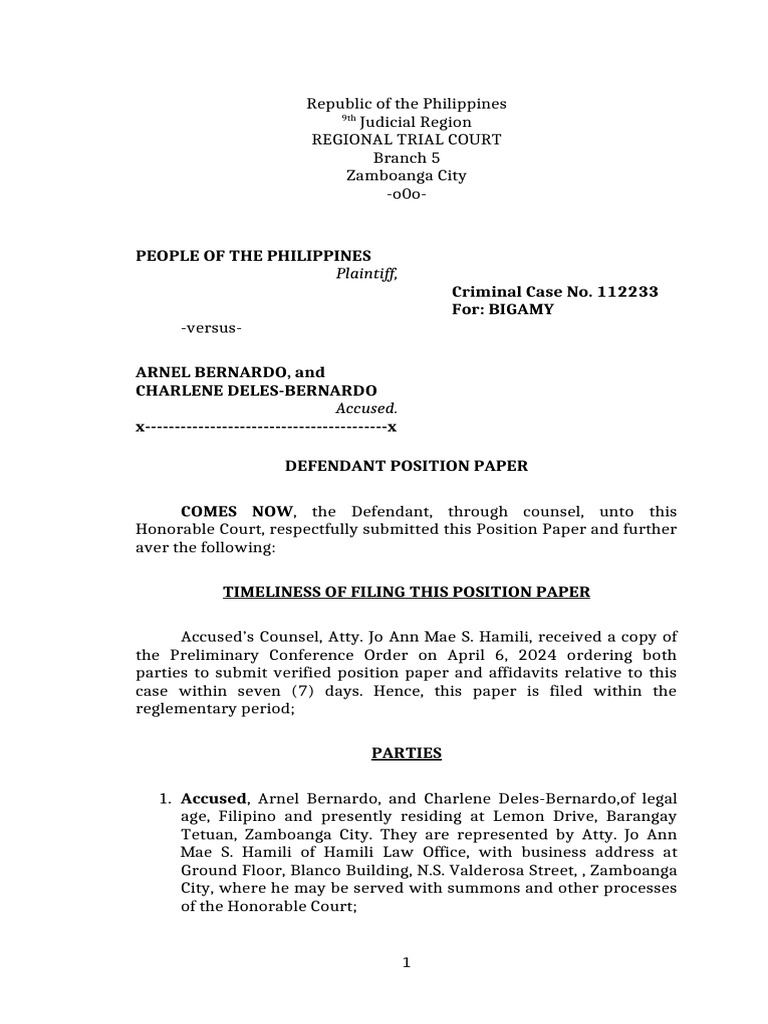 Defense Position Paper - Sample Paper | PDF | Annulment | Marriage