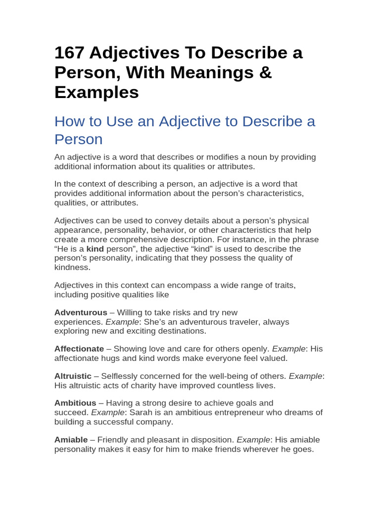 167 Adjectives to Describe People | PDF | Adjective | Compassion