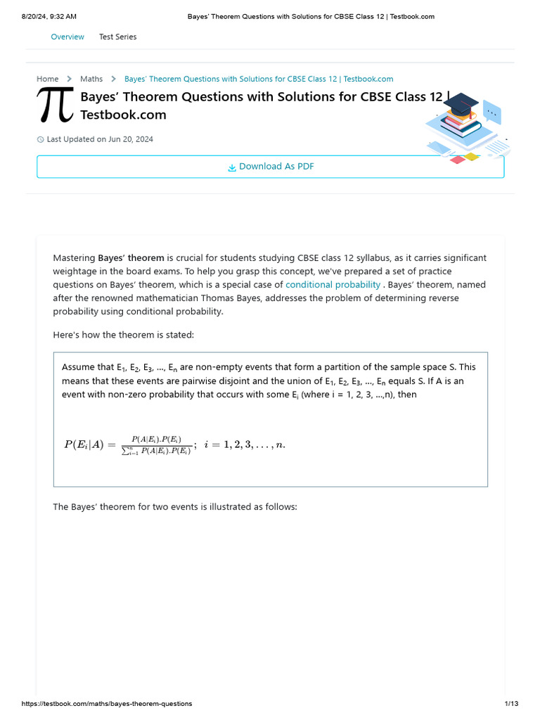 Bayes' Theorem Questions With Solutions For CBSE Class 12 | PDF | Odds ...