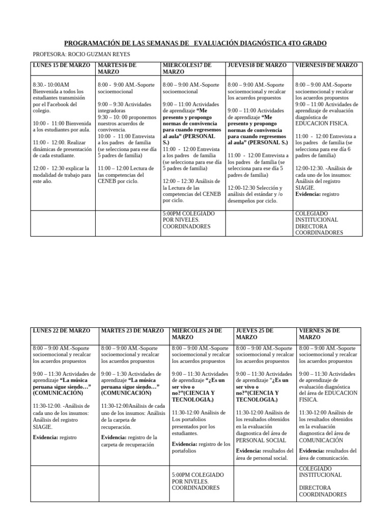 Planificador de Las Semanas de Evaluación Diagnóstica Terminado | PDF | Cognición | Aprendizaje