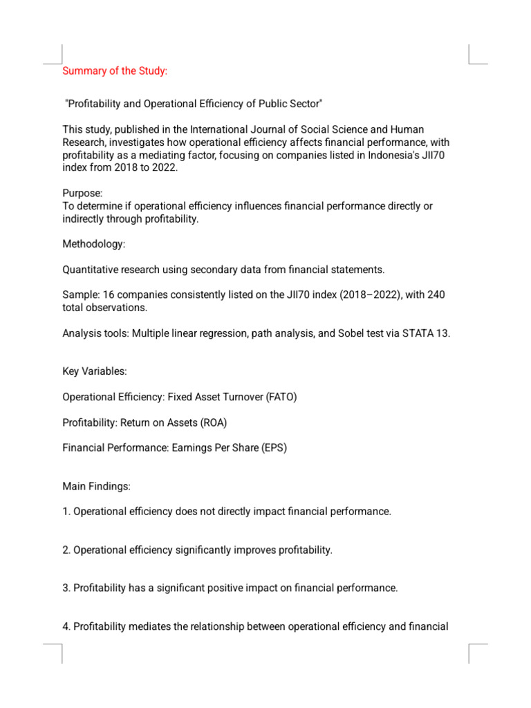 Summary of Profitability and Operational Efficiency of Public Sector | PDF