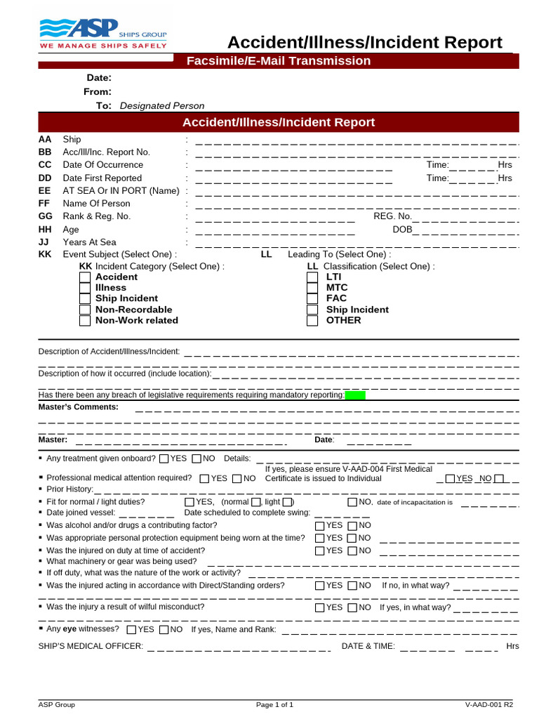 V AAD 001 Accident Illness Incident Report | PDF