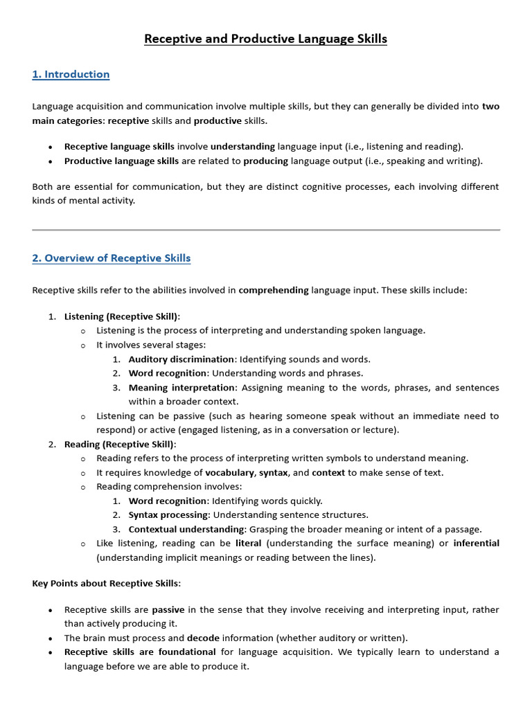 Receptive & Productive Language Skills | PDF | Speech | Vocabulary