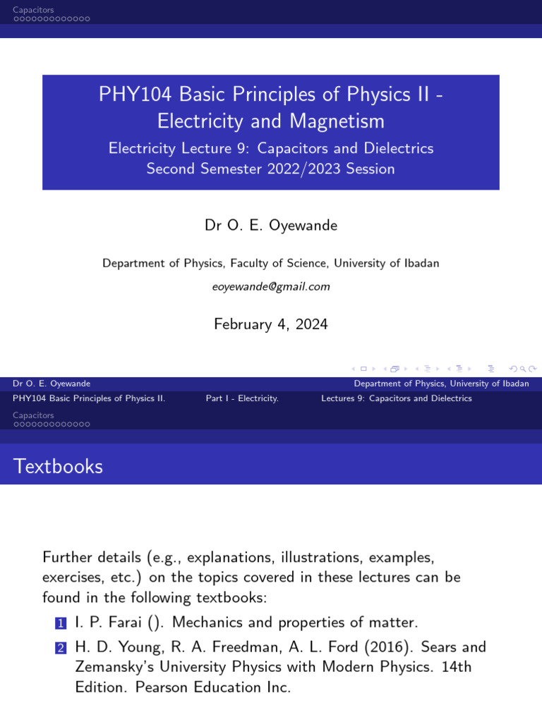 PHY104 Lecture 9 - Capacitors and Dielectrics 040224 | PDF | Capacitor | Dielectric