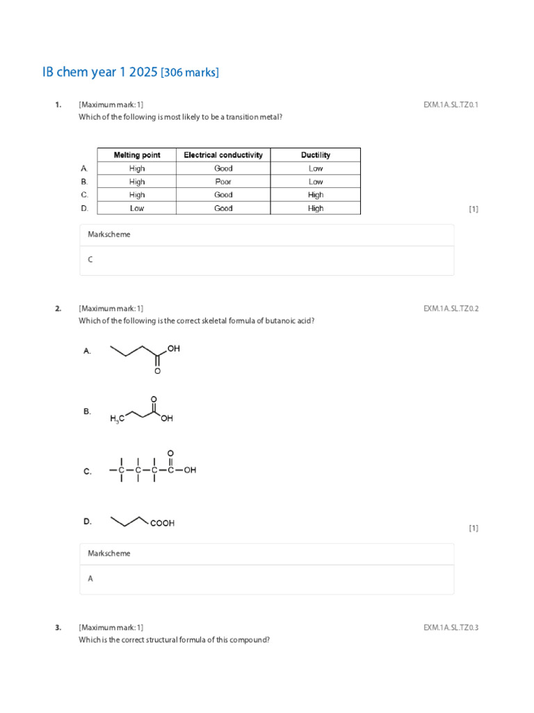 IB Chem Year 1 2025 Set 1 | PDF | Molecules | Acid