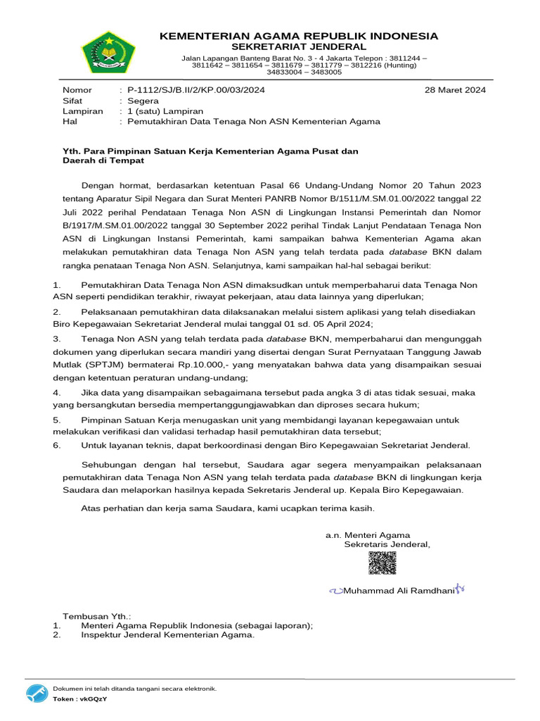Surat Pemutakhiran Data Tenaga Non ASN Ke Satuan Kerja | PDF