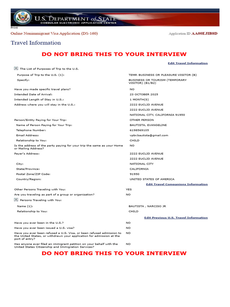 Non-Immigrant Visa - Aquilina Bautista Pg2 | PDF | Travel Visa | Zip Code