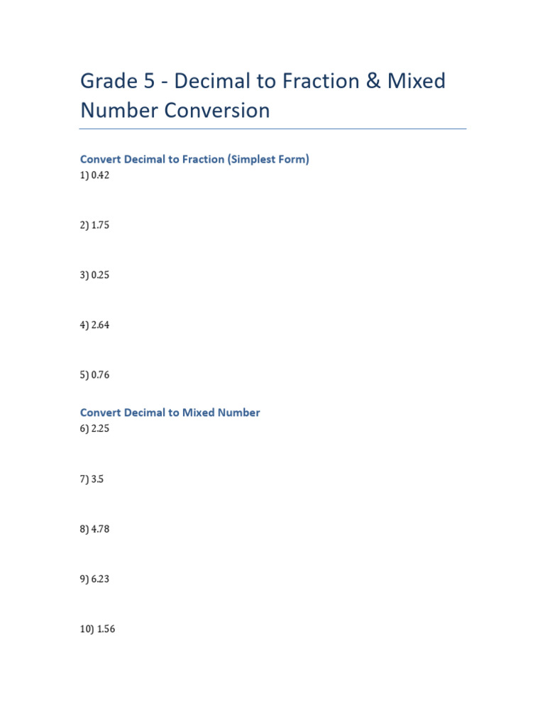Decimal To Fraction MixedNumber Worksheet | PDF