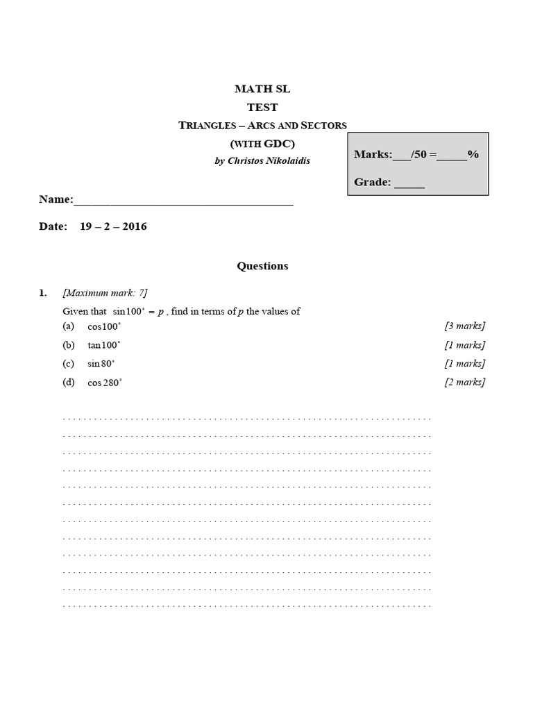 TEST 4. Triangles - Arcs and Sectors (2016) | PDF | Angle | Circle