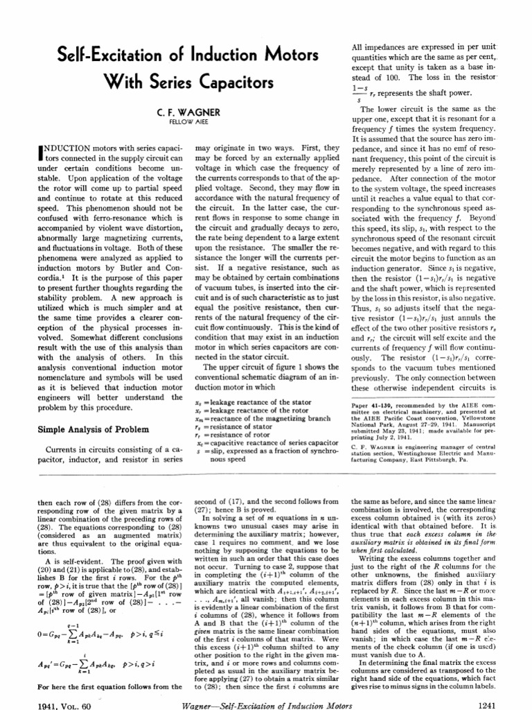 Self Excitation of Induction Motors With Series Capacitors | PDF ...