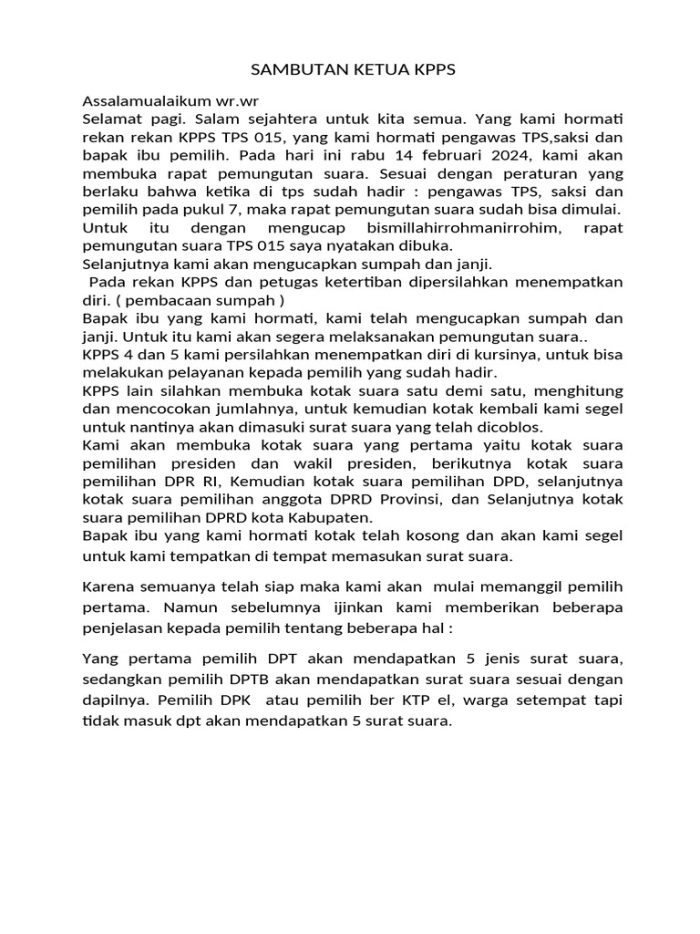 Sambutan Ketua KPPS | PDF