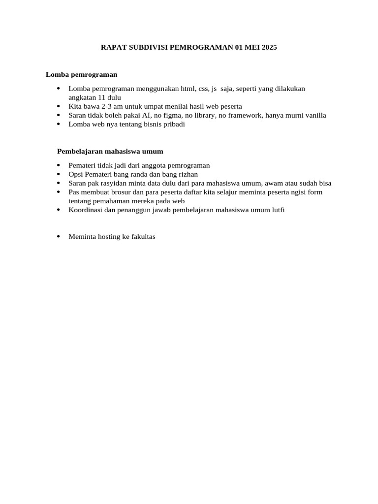 Rapat Subdivisi Pemrograman 01 Mei 2025 | PDF