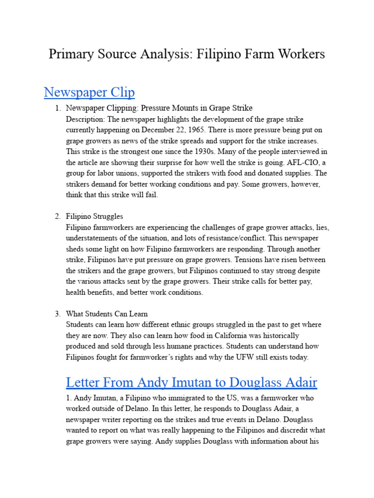Primary Source Analysis_ Filipino Farm Workers | PDF | United Farm ...