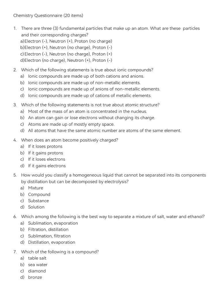 Chemistry Pre-Test Questionnaire | PDF | Ion | Atoms