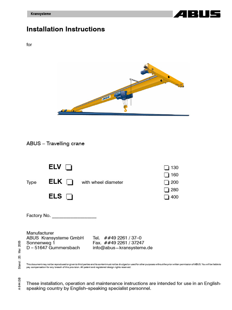 A644 - Installation Instructions Travelling Crane ELV, ELK, ELS | PDF ...