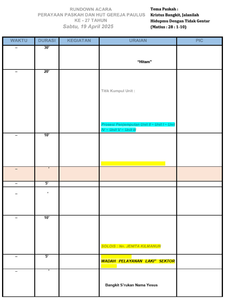 RUNDOWN ACARA PASKAH DAN HUT GEREJA PAULUS KE - 27 TAHUN (2) | PDF
