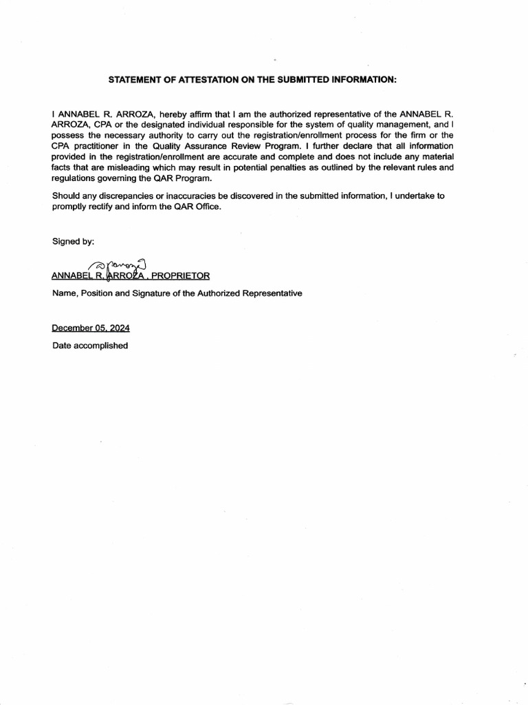 Attestation for Quality Assurance Review | PDF