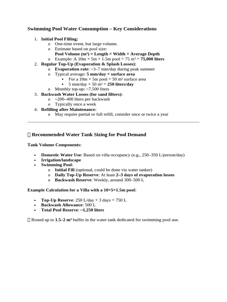 Swimming Pool Water Consumption | PDF