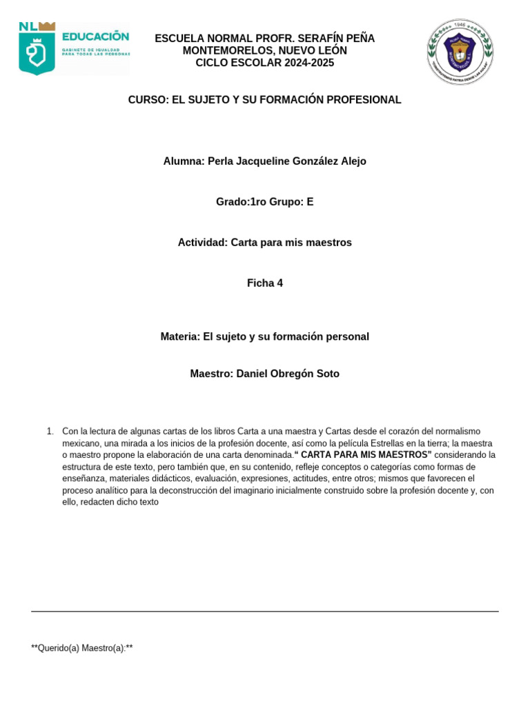 Carta para Mis Maestros Ficha 4 González Alejo Perla 1E | PDF ...