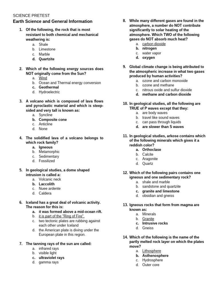 Earth Science Pretest Questions | PDF | Cell (Biology) | Earth