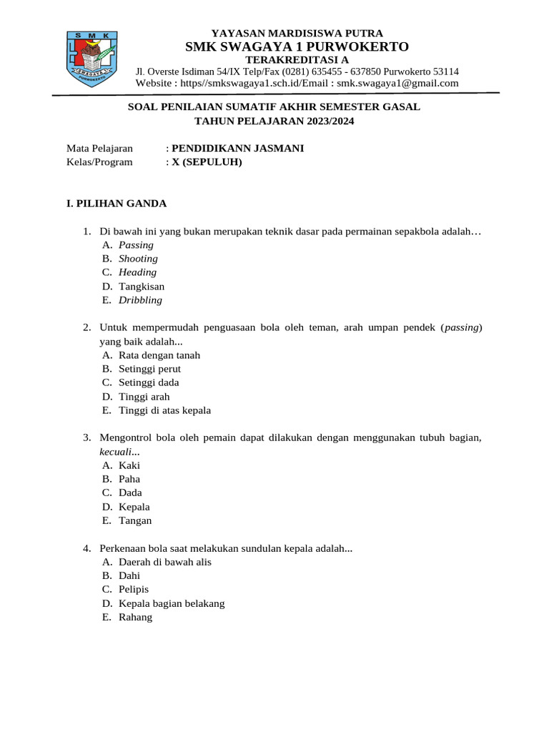 SOAL SUMATIF SEMESTER GASAL PENJAS KELAS X 2023-2024 | PDF
