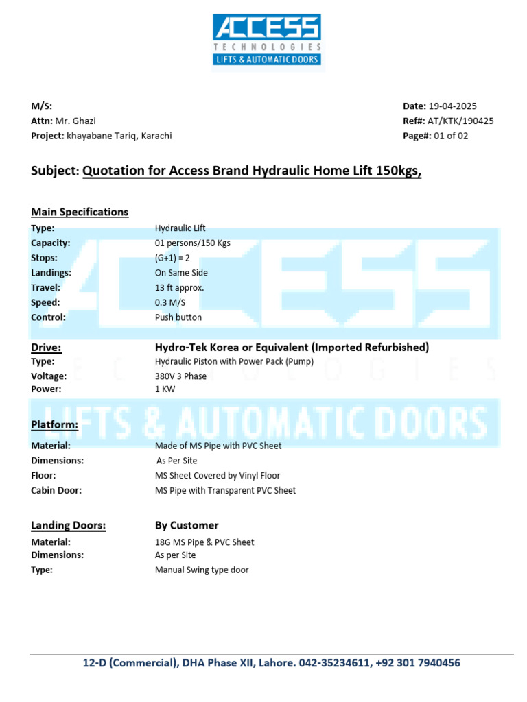 Mr. Ghazi - KHI - Revised Quotation For Access Brand Hydraulic Home Lift 150kgs - 19-04-2025 ...